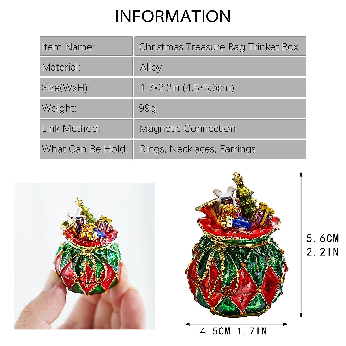 YU FENG Jeweled Christmas Trinket Boxes Hinged Xmas Decoration Ball Ornament Enamel Jewelry Ring Box