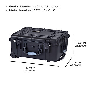 MEIJIA Portable Waterproof Protective Case, Hard Compact Camera Case with Retractable Pull Handle and Rolling Wheels,Customizable Fit Foam Inserted, Black, 22.06X17.93 X10.43 inches
