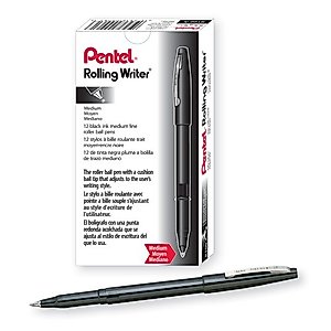 Pentel Rolling Writer Pen, 0.8 Millimeter Cushion Ball Tip, Black Ink, 12 pens (R100-A)