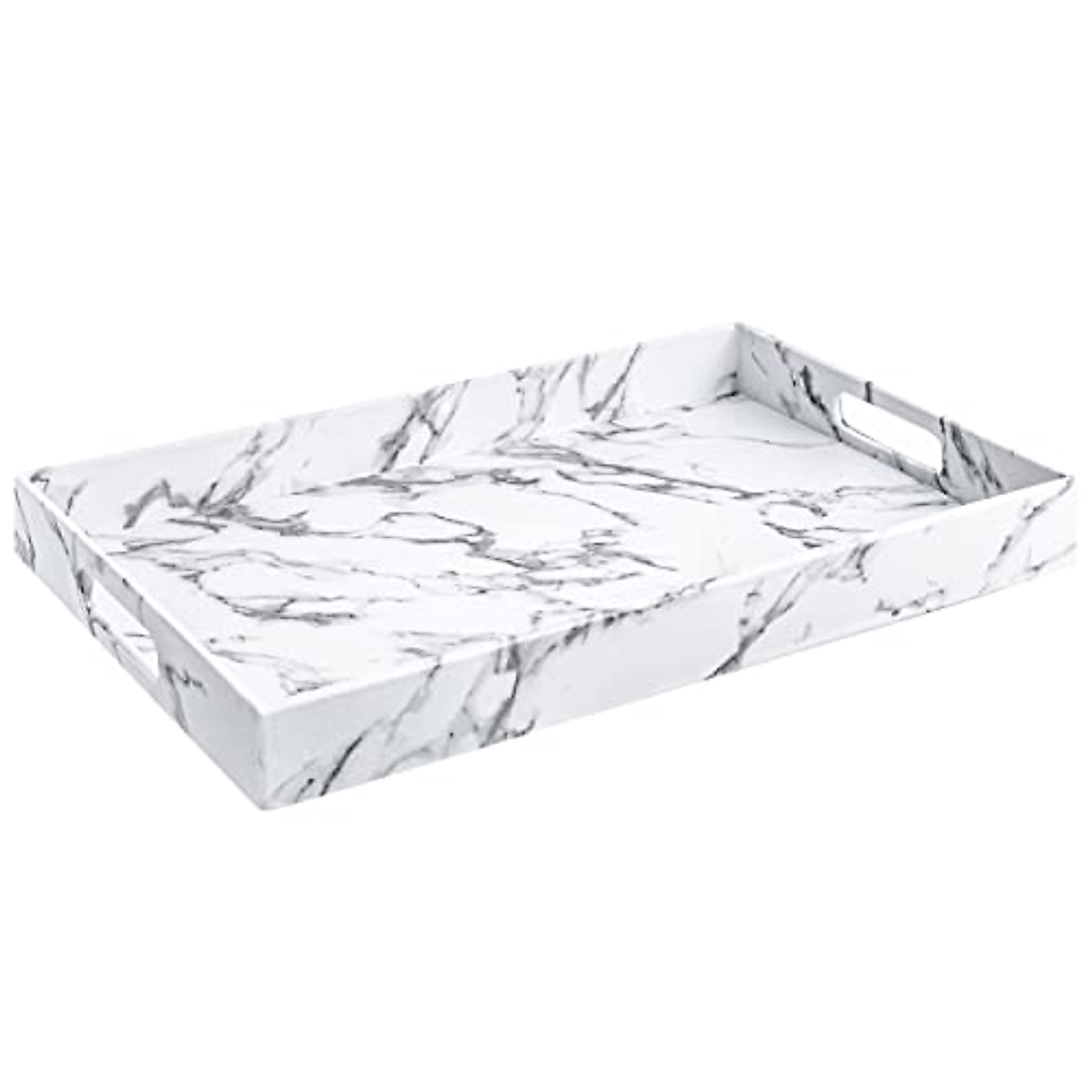 Home Redefined 18”x12” White Marble Faux Leather Decorative Serving Tray with Handles