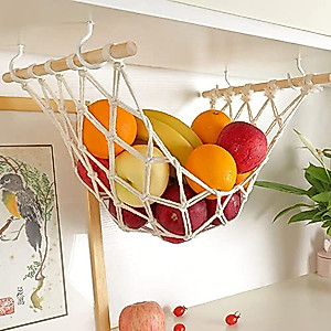 Motarna Hanging Fruit Hammock with Hooks, Hanging Fruit Basket Under the Kitchen Cabinet for Storing Banana Fruits, Hand-Woven Lace Hanging Basket for Kitchen Décor, Rectangle