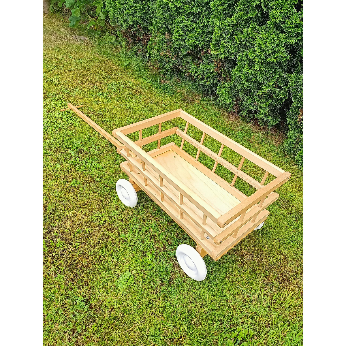 Premium Wooden Wagon JULEK - Safe and Beautiful | Ideal for Weddings and Flower Girls | Color: White Fluff | Wheels: Rubber