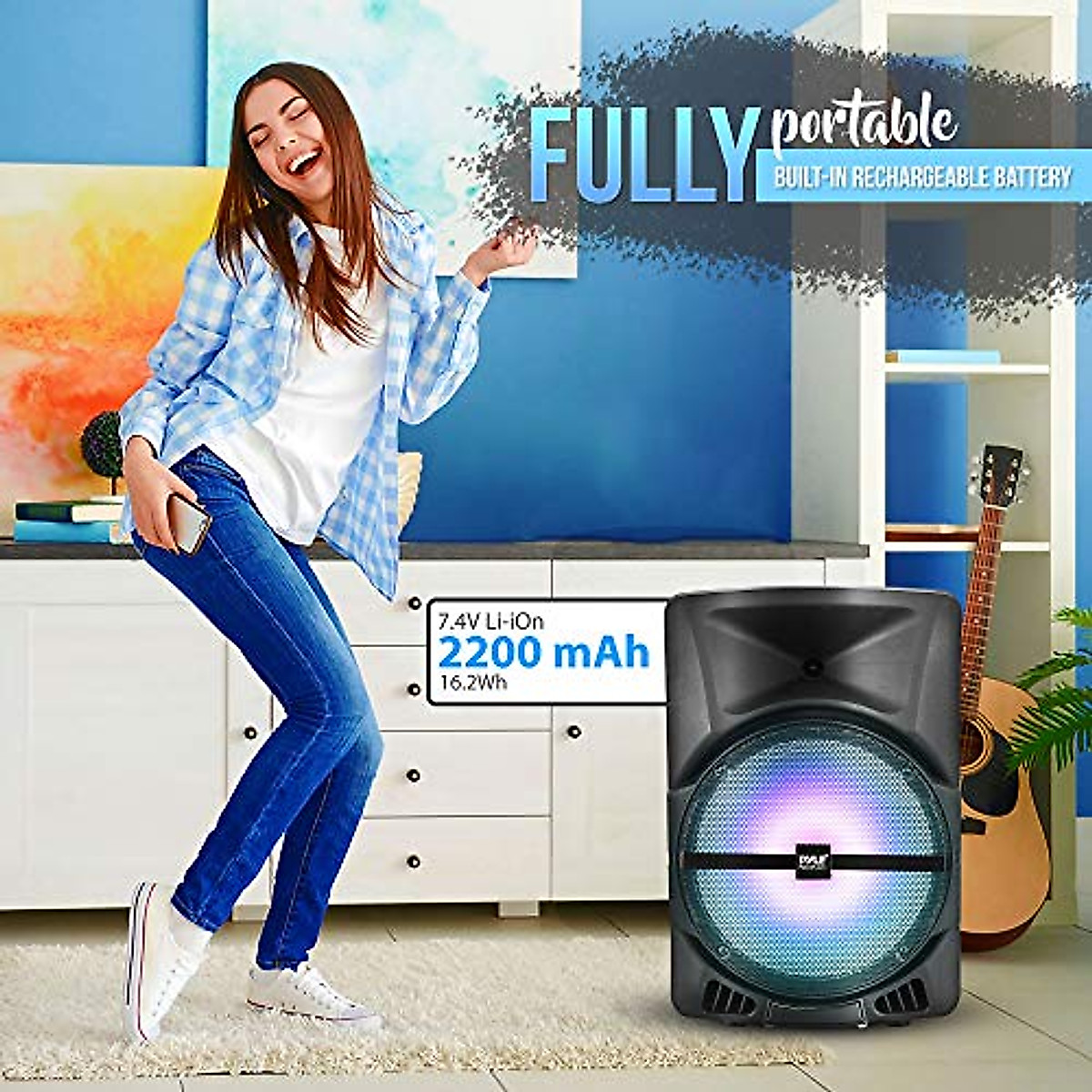 Pyle Wireless Portable PA Speaker System - 800W Powered Bluetooth Indoor & Outdoor DJ Stereo Loudspeaker with MP3 AUX 3.5mm Input, Flashing Party Light & FM Radio-PPHP1244B,Black