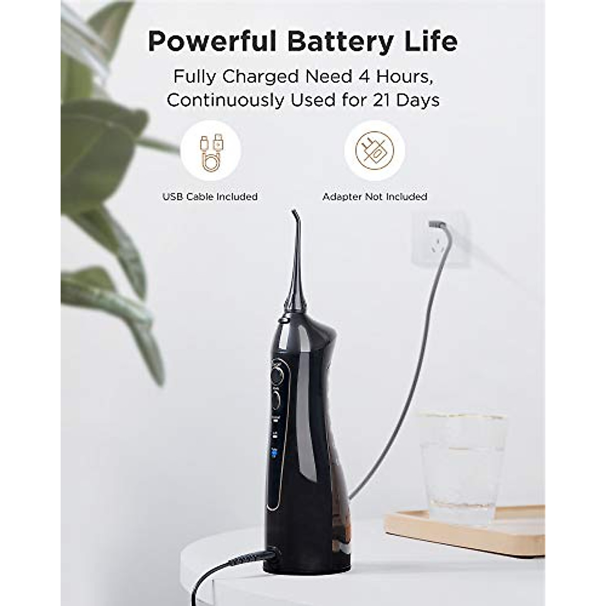 Water Flosser, Cordless Portable Electric Water Flosser for Teeth , 3 Modes and 2 Jet Tips , IPX7 Waterproof, Rechargeable Water Flosser Pick , No Adapter for 21-Days Use , Water Floss (Black)