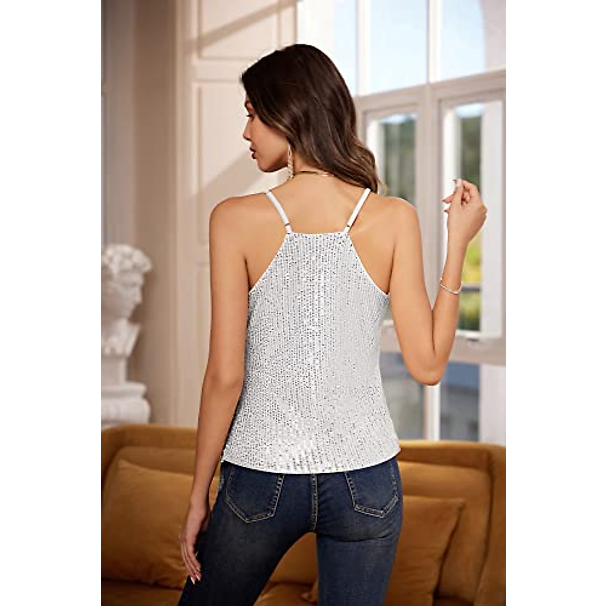 GRACE KARIN Sequin Top Sleeveless Party Camisole Tank Vest V Neck Ruched Tie Waist Silver White Dressy Tops L