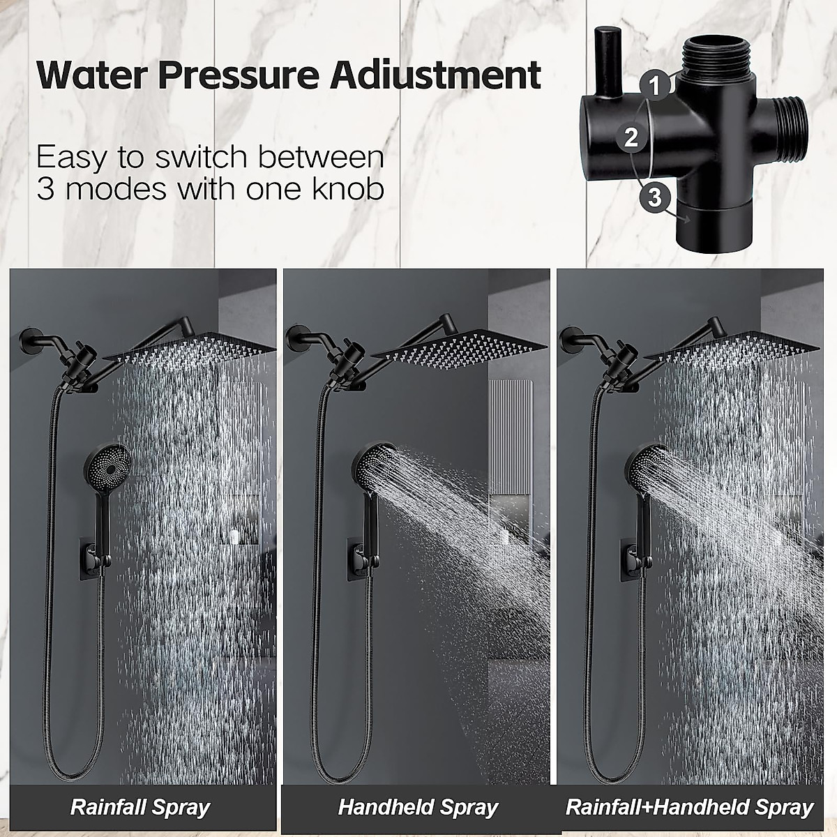 Yurnomy 8 inch Multifunction High Pressure Rain Shower Head with Handheld Spray Combo with 11'' Angle Adjustable Extension Arm/Flow Regulator/Shower System(Matt Black)