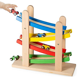 Play22 Wooden Car Ramps Race - 4 Level Toy Car Ramp Race Track includes 4 Wooden Toy Cars - My First Baby Toys - Toddler Race Car Ramp Toy Set is A Great Gift for Boys and Girls - Original by Play22