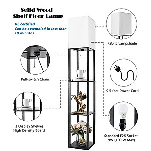 Wishwill Floor Lamp with Shelves, Modern Standing Shelf Lamp with 3 CCT LED Bulb and White Shade for Living Room Bedroom and Office-Black
