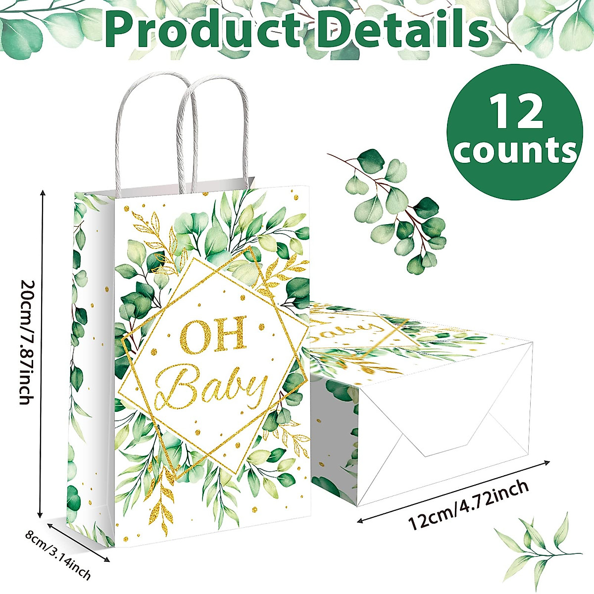 ZOIIWA 12pcs Oh Baby Party Favors Bags Sage Green Candy Bags Eucalyptus Leaf Treat Bags Gold Foil Greenery Goodie Bags for Sage Boho Woodland Neutral Baby Shower Party Decorations Supplies