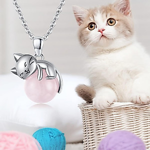 Vadmans Cat Necklace 925 Sterling Silver Rose Quartz Pendant Jewelry for Women Cat Lover Gifts