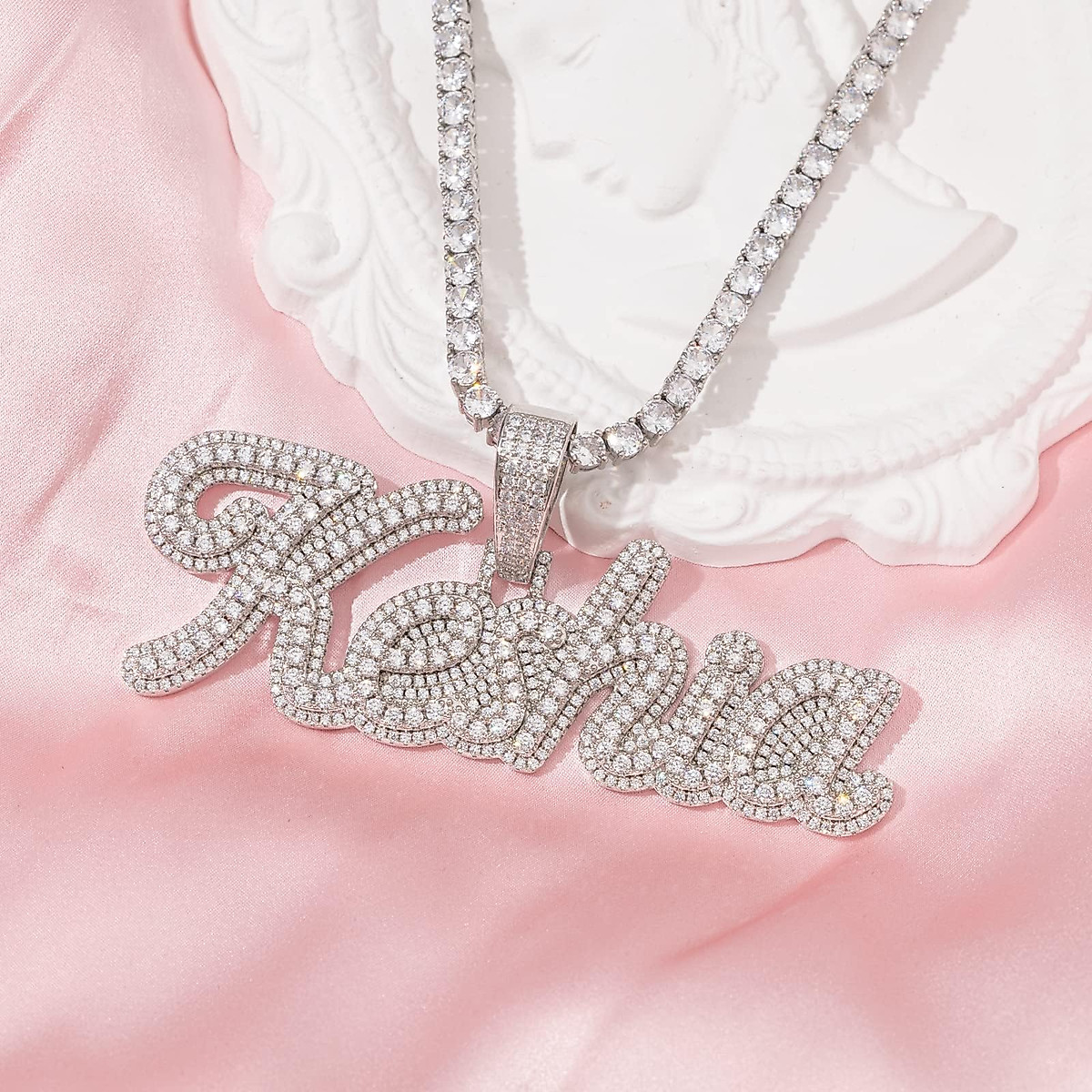 Iced Out Custom Name Necklace with Cuban Link Chain, Hip Hop 14k Real Gold Plated Personalized Initial Letter Pendant Necklaces, Handmade Customized Nameplate Jewelry Gifts for Man and Women (1-3 Letters, Silver)