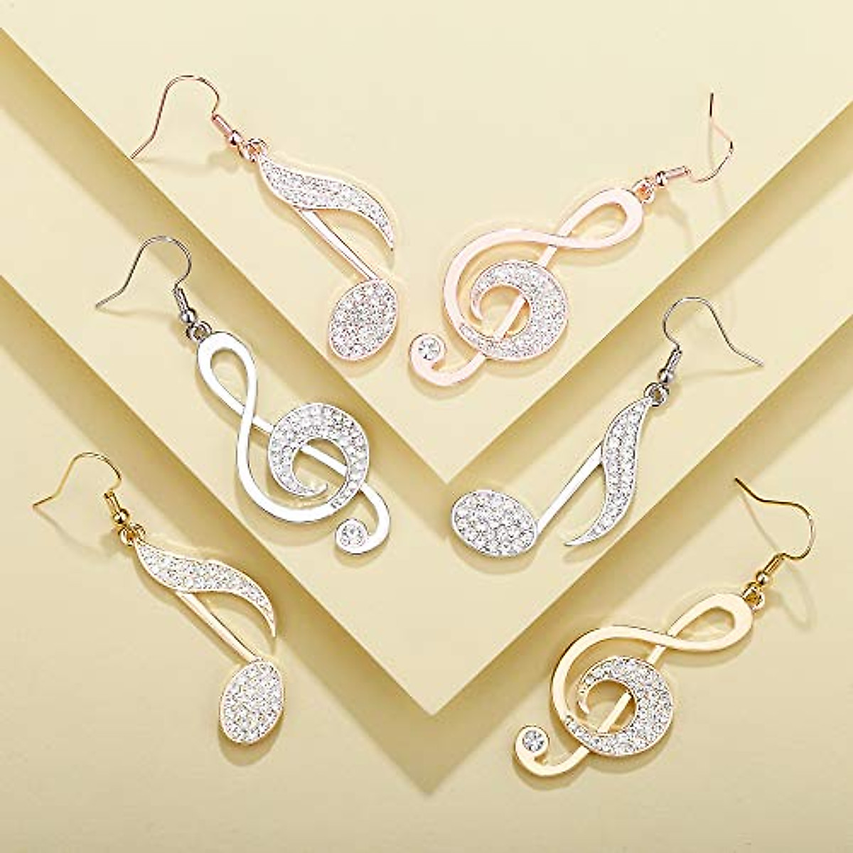 Women Dangle Earrings with Music Note Drop - CZ Clear Crystal Musical Fans Clip on Hook Earring, Rhinestone Fashion Costume Jewelry for Girls…