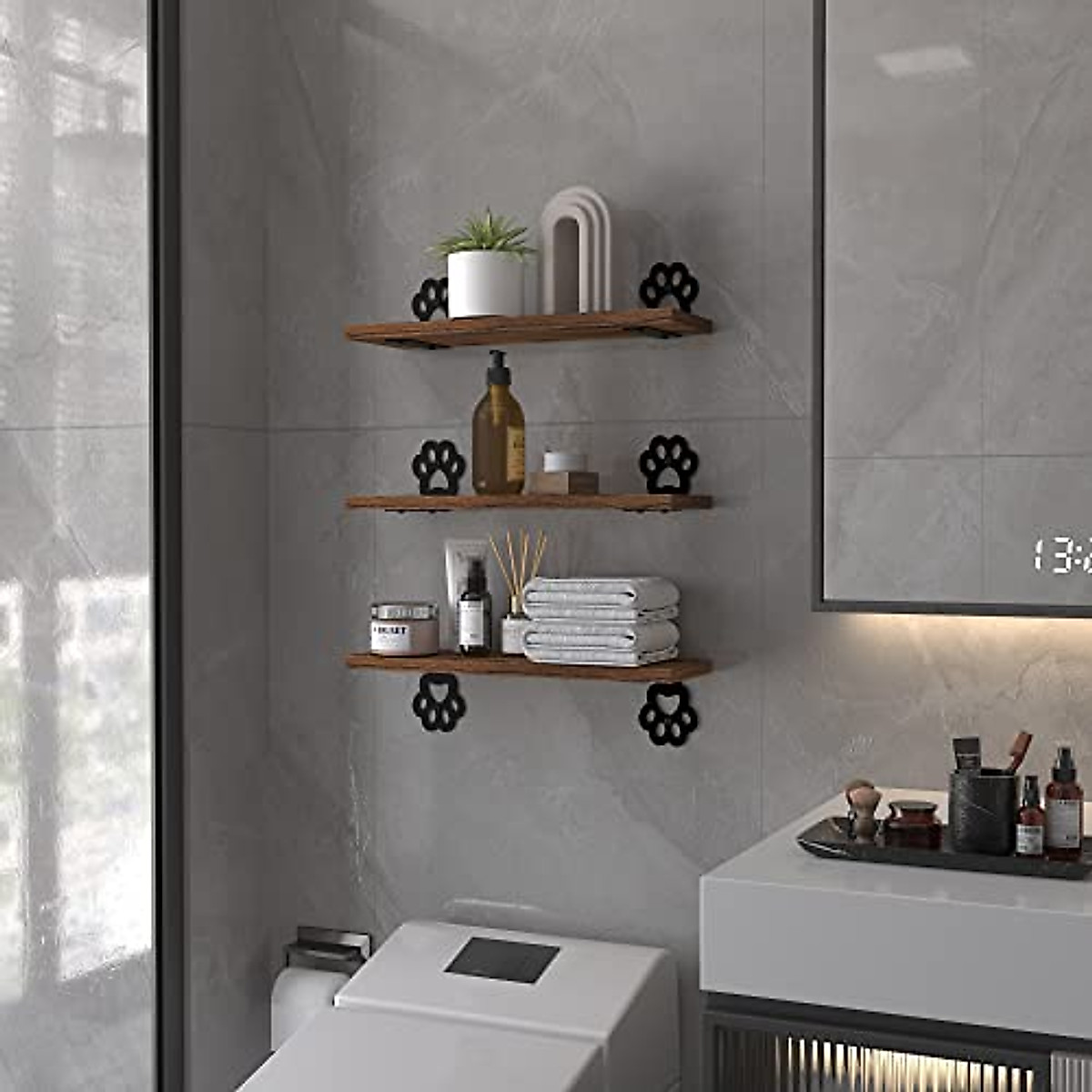 Lavezee Paw Prints Wall Decor Floating Shelves Set of 3, Cute Rustic Wooden Shelf Decorative Living Room, Bedroom, Bathroom, Log Cabin Shelving Wall Mounted