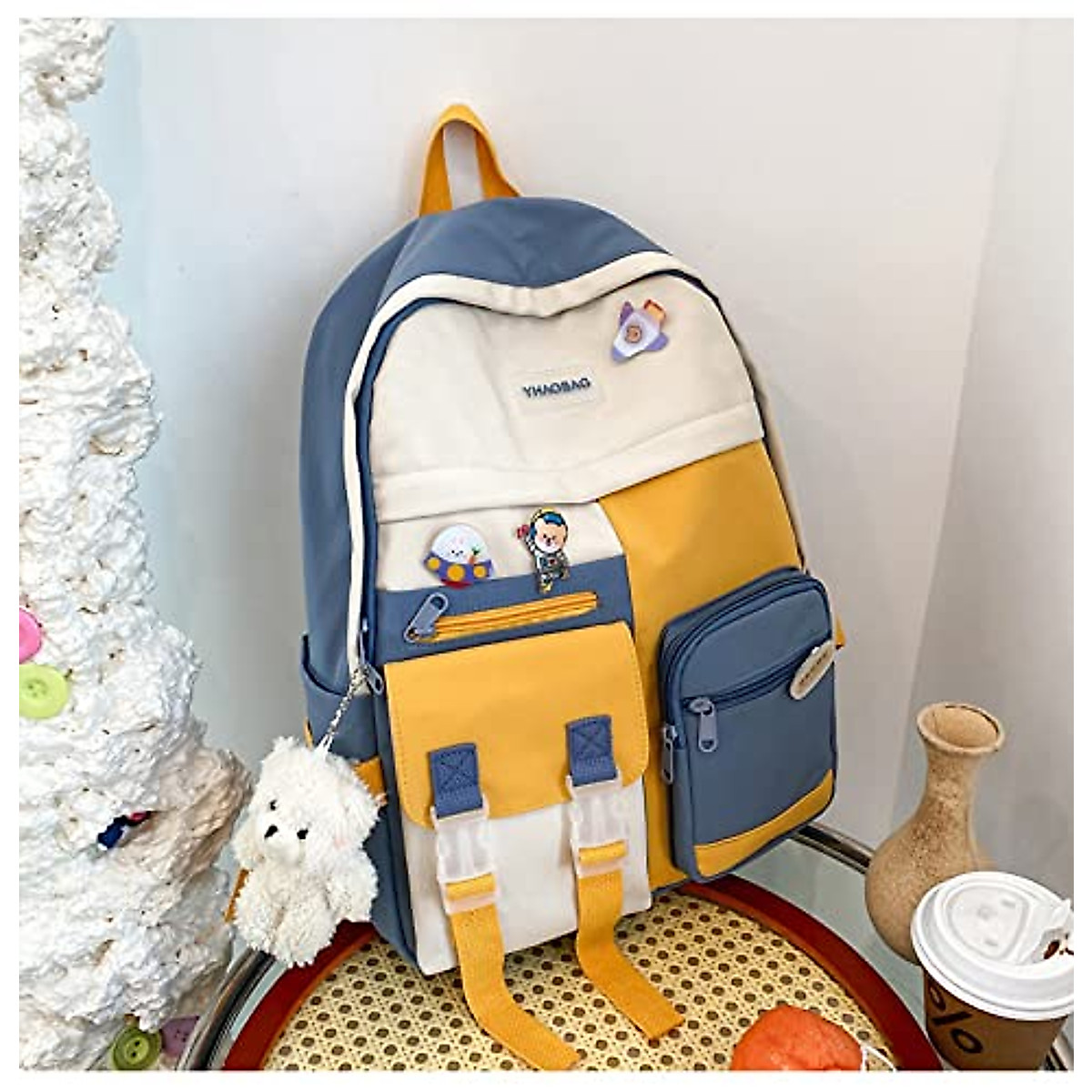 Cute Canvas Kawaii Backpack with Pins 16" Pink Aesthetic Bag Fashion Shoulder Backpack with Hanging Bear Fancy College Bags Lightweight Travel Bag (Blue And Pink)