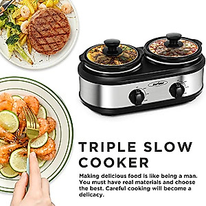 Slow Cooker, Dual and Triple Slow Cooker Buffet Server Multiple Pot Food Warmer, Slow Cooker Buffet Food Warmer Adjustable Temp Lid Rests Stainless Steel