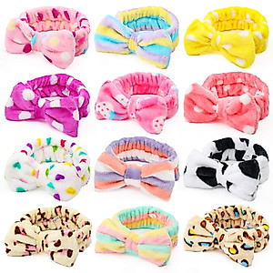 3 otters Bow Hair Band, 12PCS Fuzzy Fleece Makeup Headbands, Spa Headband for Teen Girls, Coral Skincare Head Wraps for Women