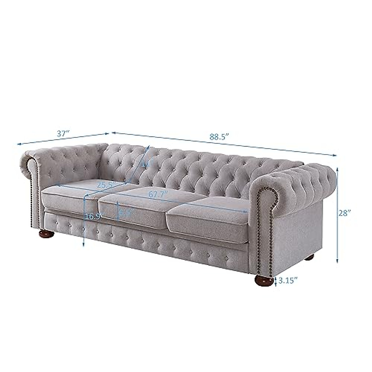 ERYE 88.5" 3-Seaters Chesterfield Sofa&Couch, Clasic Luxury Roller Armrest Special Wood Legs Sectional,Button Tufted Linen Upholstered Modular Sofa Couch with Removable Cushions & Nailhead Decor