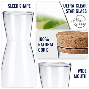 Bormioli Rocco Set Of 2 Ypsilon Carafe, With Natural Cork Top Lid, 18.5 Oz. Star Glass Pitcher For Water, Juice, Ice Tea Or Wine.