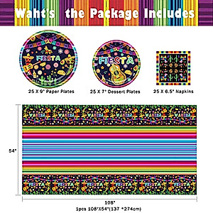 Mexican Fiesta Party Tableware Set,Mexican Party Supplies Decorations，Including 25 Disposable 9&7inch Paper Plates,25 Napkins and 1 Tablecloth for Fiesta Theme Birthday Party, 25 Guests