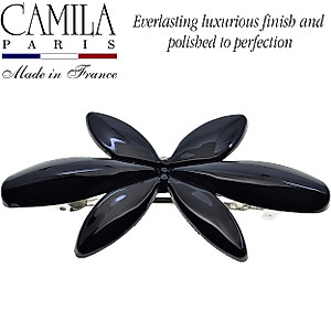 Camila Paris CP2875 French Hair Barrette Clip for Girls Flower, Black, Automatic Clasp Strong Hold Grip Hair Clips for Women, No Slip and Durable Styling Girls Hair Accessories, Made in France