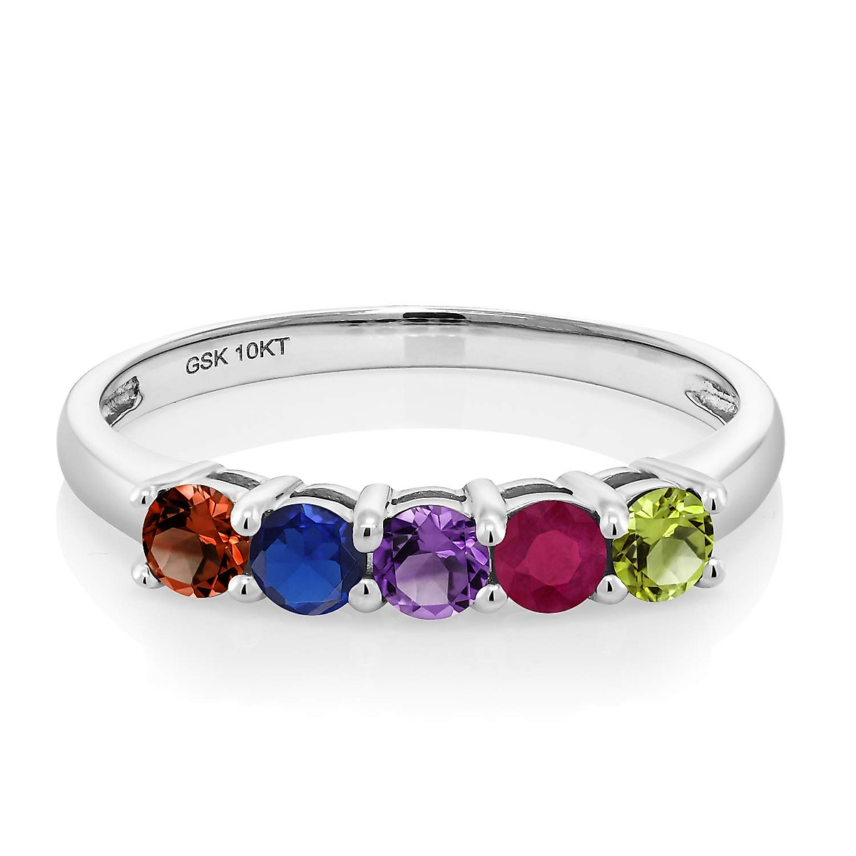 Gem Stone King 10K White Gold Promise Customized and Personalized 5 Gemstone Birthstone For Her Anniversary Band Engagement Flower Blossom Ring For Women (Size 7)