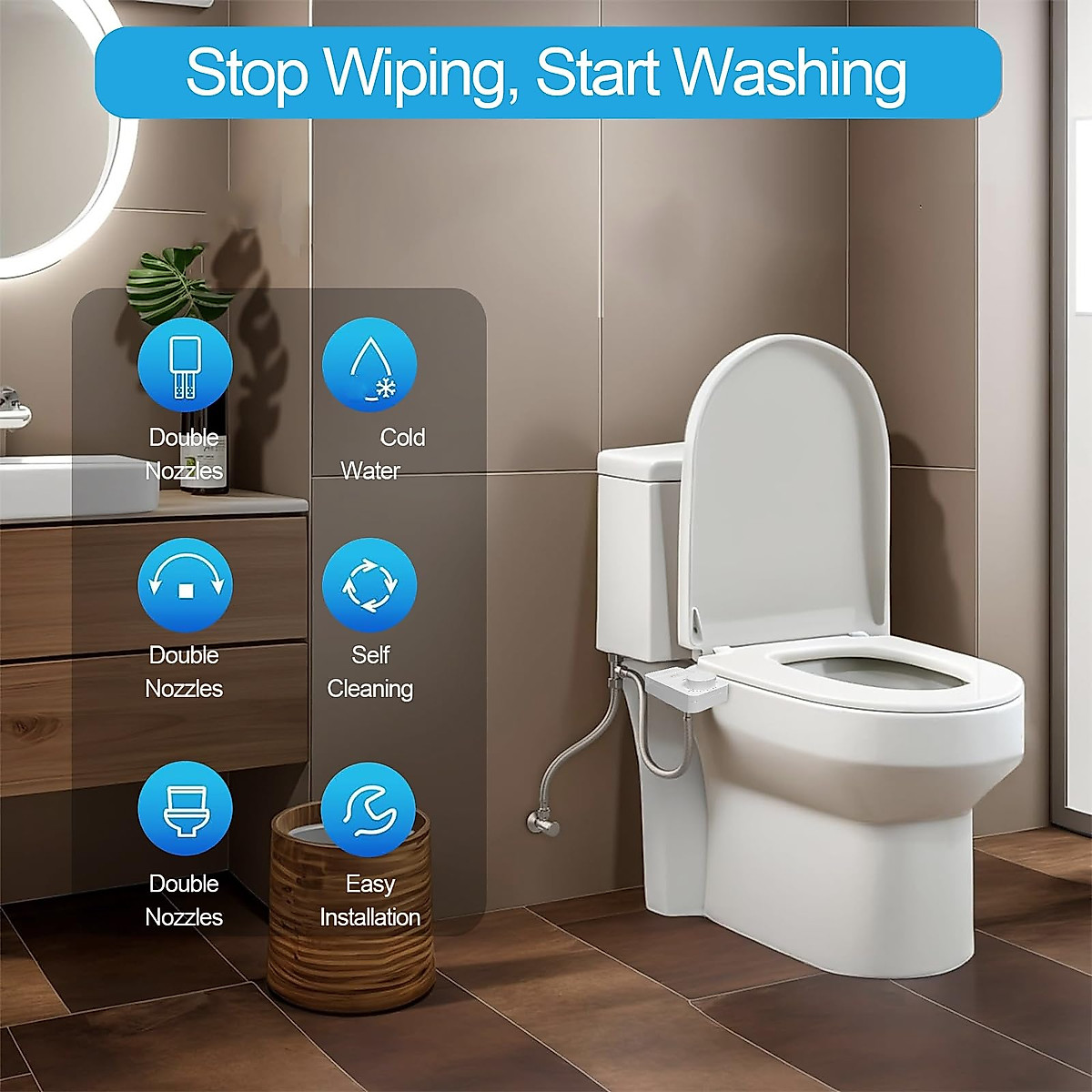 ZhiQToes Bidet Attachment for Toilet,Non-Electric Self Cleaning,Dual Retractable Nozzles Badays for Toilets Seat,Adjustable Water Pressure Fresh Water Sprayer,Front & Rear Wash (White)