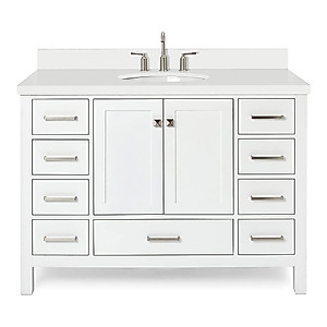 DKB Beckford Bathroom Vanity 49" White with 1.5" Edge Pure White Quartz Countertop & Backsplash, Center Oval Sink, 2 Soft Closing Doors, 9 Full Extension Dovetail Drawers, Brushed Nickel