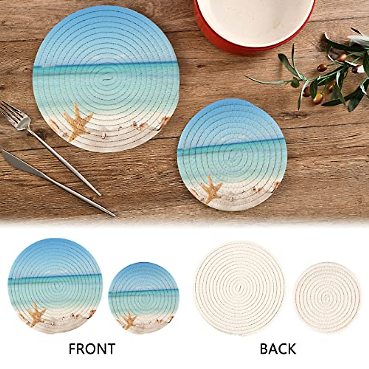 Summer Starfish Sandy Hot Mats Pads for Kitchen Heat Resistant, Seaside Coast Decorative Trivets for Hot Pots Pans Counter Tops Dining Washable Pot Holder Coasters Set