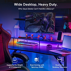 GTRACING 55 Inch Gaming Desk with LED Lights, Computer Gamer Desk with Monitor Stand, Ergonomic Carbon Fiber Surface Gaming Table with Mouse Pad for Home Office, RGB