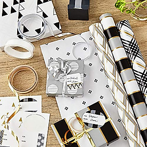 Hallmark Reversible Wrapping Paper Bundle with Ribbon & Gift Tag Stickers - Black, Gold Stripes, Plaid (3 Pack, 120 sq. ft. ttl, 30 Yds. Mini Ribbon, 36 Labels) for Graduations, Weddings, Christmas