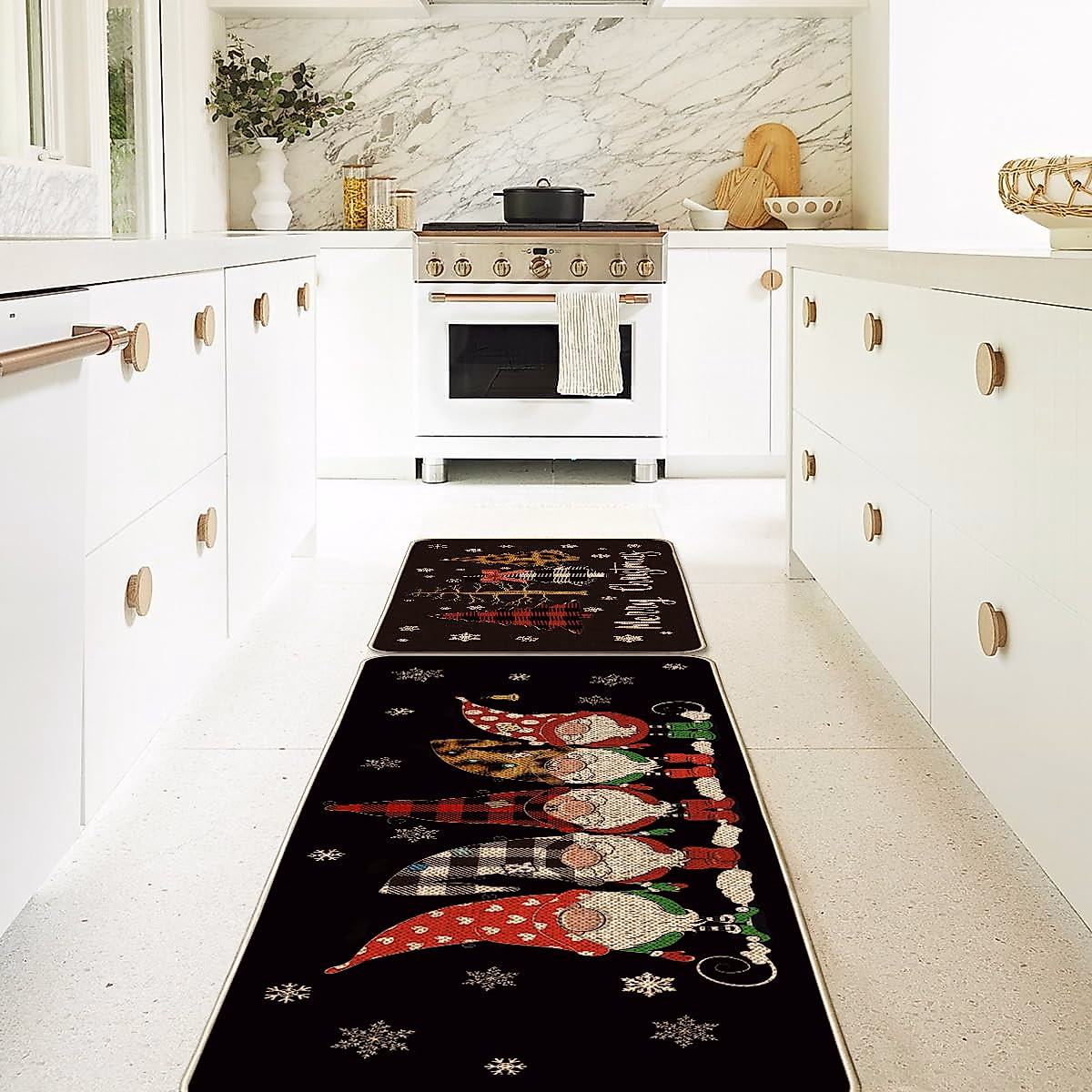 Artoid Mode Buffalo Plaid Tree Gnomes Black Christmas Kitchen Rugs Set of 2, Winter Low-Profile Floor Mat Merry Home Decora for Floor - 17x29 and 17x47 Inch