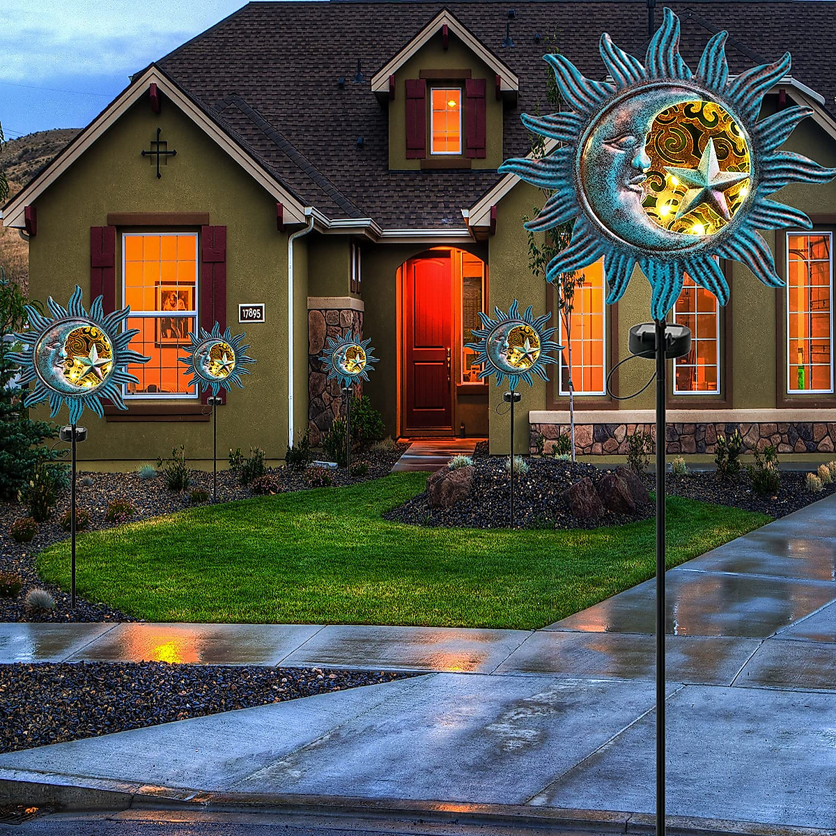 DREAMSOUL Solar Pathway Lights Outdoor Garden Decorative Metal Retro Sun Face Solar Lights with Stakes Garden LED Lights Waterproof Solar Lights Yard Art Decor for Pathway, Lawn, Patio, Party, Home