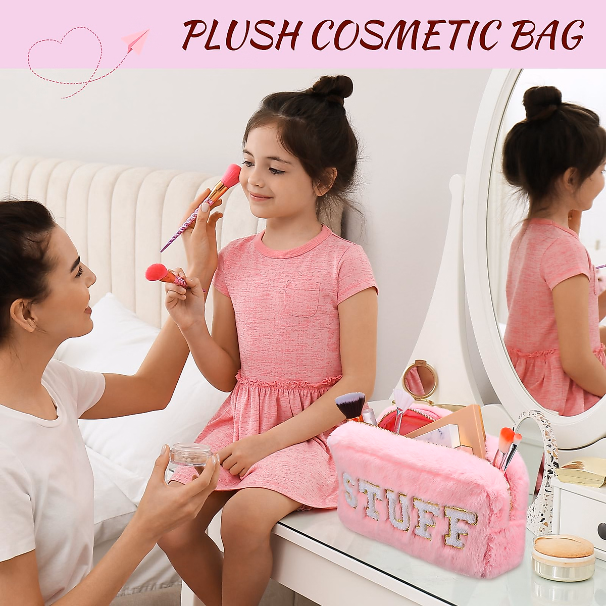 Chunful 2 Pcs Chenille Letter Makeup Bag Fluffy Cosmetics Bag with Zipper Large Preppy Patch Make up Bags Skin Stuff Bag Faux Fur Cosmetic Toiletry Bag for Women Gift(Pink, White)