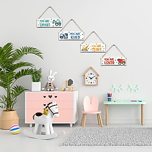 4 Pieces Construction Vehicles Decor Kids Room Wall Decor Wooden Sign - Motivational Wall Art For Kids Room Nursery Playroom Classroom(Sign-01)