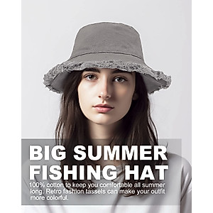 Zylioo XXL Oversized Tassel Bucket Sun Hat,Adjustable Fashion Travel Bucket Hats,Outdoor Beach Hats for Big Heads 24"-25" Beige