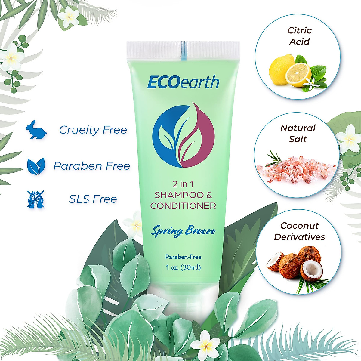 EcoEarth Travel Size Shampoo Conditioner 2-in-1 (1 fl oz, 100 PK, Spring Breeze) Delight Your Guests w/Revitalizing & Refreshing Conditioning Shampoo Amenities, Small Size Hotel Toiletries in Bulk