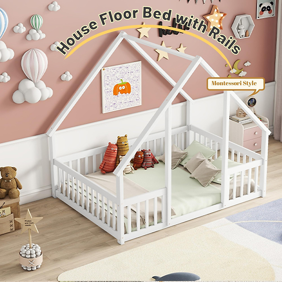 Luckiofvonne House Bed for Kids, Full Size Floor Bed with Fence Rails, Wood Montessori Bed Frame for Girls Boys Teens, White