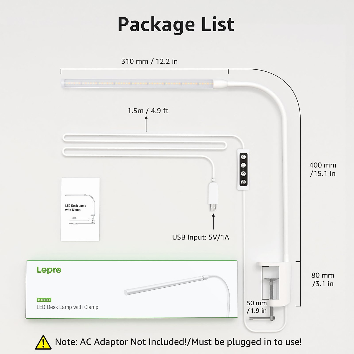 Lepro Clip on Desk Lamp LED Reading light Dimmable USB Clamp Lamp with 3 Color Modes 10 Brightness, Adjustable Flexible Gooseneck Table Light for Bed Headboard, Workbench, Home Office, Computer, White