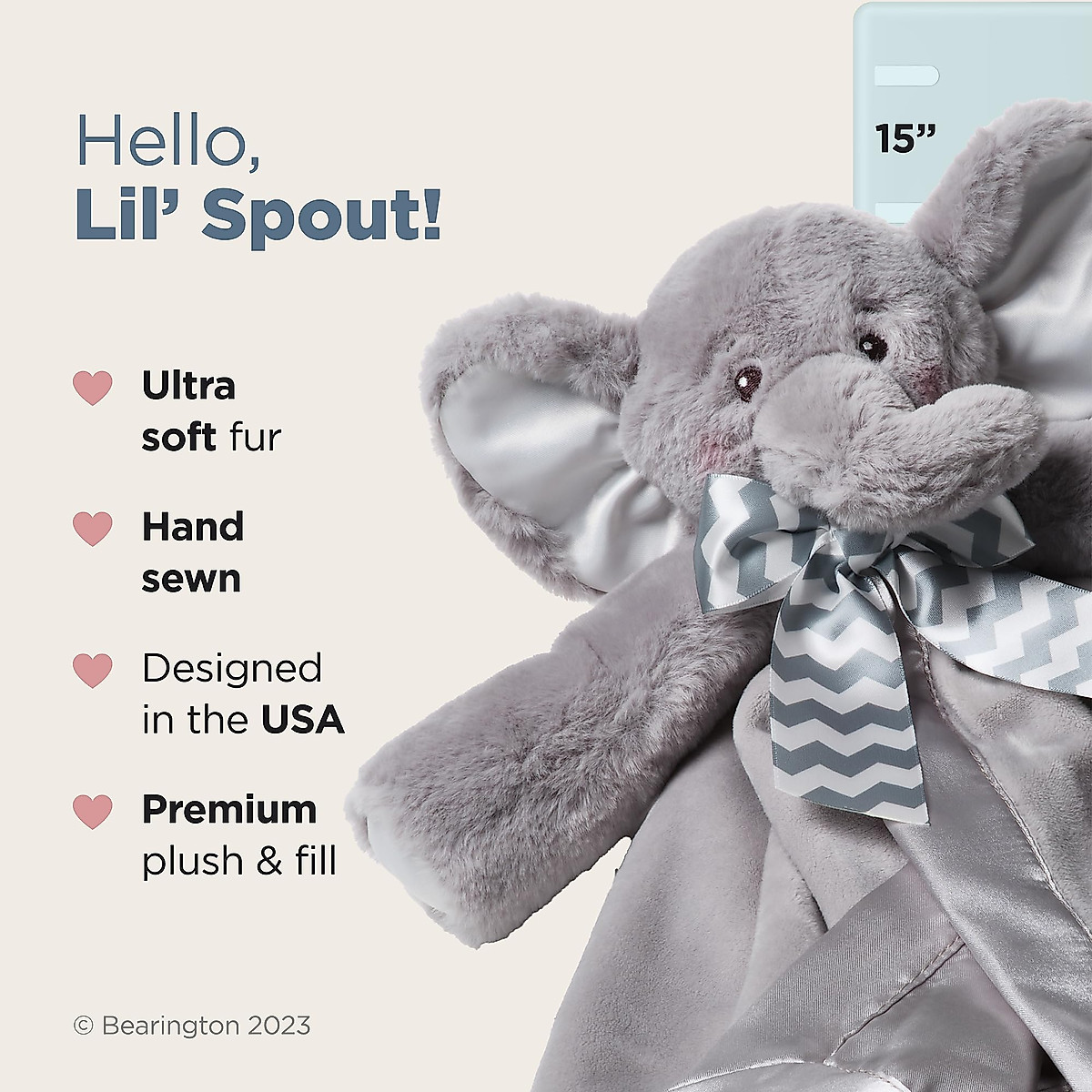 Bearington Baby Lil' Spout Snuggler, 15 Inch Gray Elephant Plush Stuffed Animal Security Blanket Lovey for Babies
