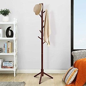 Tangkula Coat Rack Freestanding, Rubber Wood Coat Stand with 8 Hooks, Height Adjustable Entryway Coat Tree Coat Hanger Stand for Home Office Hall Entryway