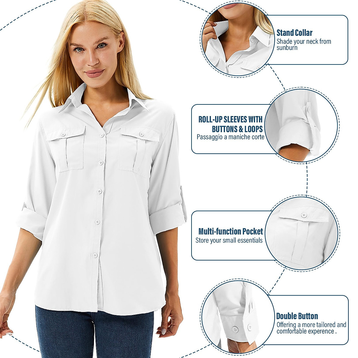 Women's UPF 50 Long Sleeve UV Sun Protection Safari Shirts Outdoor Quick Dry Fishing Travel Hiking Shirts #5070-White-XS