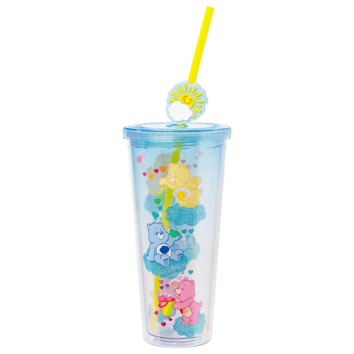 Silver Buffalo Care Bears Featuring Funshine Bear, Grumpy Bear, and Love-a-Lot Bear Glitter Plastic Cold Cup with Lid and Straw Topper, 24 Ounces