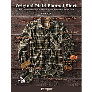 CQR Men's All Cotton Flannel Shirt, Long Sleeve Casual Button Down Plaid Shirt, Brushed Soft Outdoor Tactical Work Shirts, Plaid Hickory Green, Large