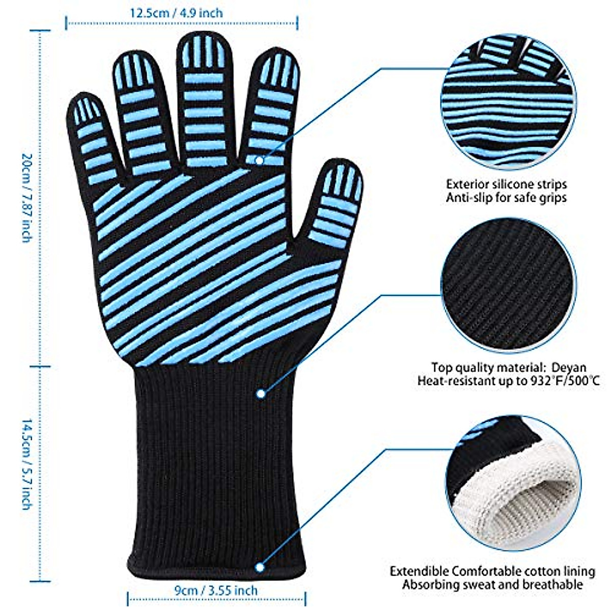 932℉ Extreme Heat Resistant BBQ Gloves, Food Grade Kitchen Oven Mitts - Flexible Oven Gloves with Cut Resistant, Silicone Non-Slip Insulated Hot Glove for Grilling, Cooking, Baking, Welding (1 Pair)