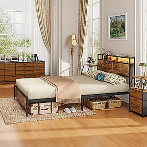 SYING88 Modern Bed Frame with LED Lights and 2 USB Ports Industrial Style,Bed Frame with Headboard/Noise-Free/No Box Spring Required for Bedrooms and Small Apartment(Antique Brown (Queen)