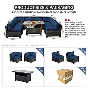 9 Pieces Patio Furniture Sectional Sofa Outdoor Wicker Furniture Couch Set with Blue Non-Slip Cushions Furniture Cover Black PE Rattan