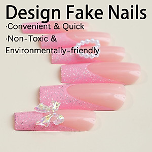 French Tip Press on Nails Long Square False Nails Tube Shape Pink Acrylic Nails with Rhinestones 3D Cat and Heart Bow Designs Glue on Nails Glitter Fake Nails Press Ons for Women 24pcs from QQPPOLIU