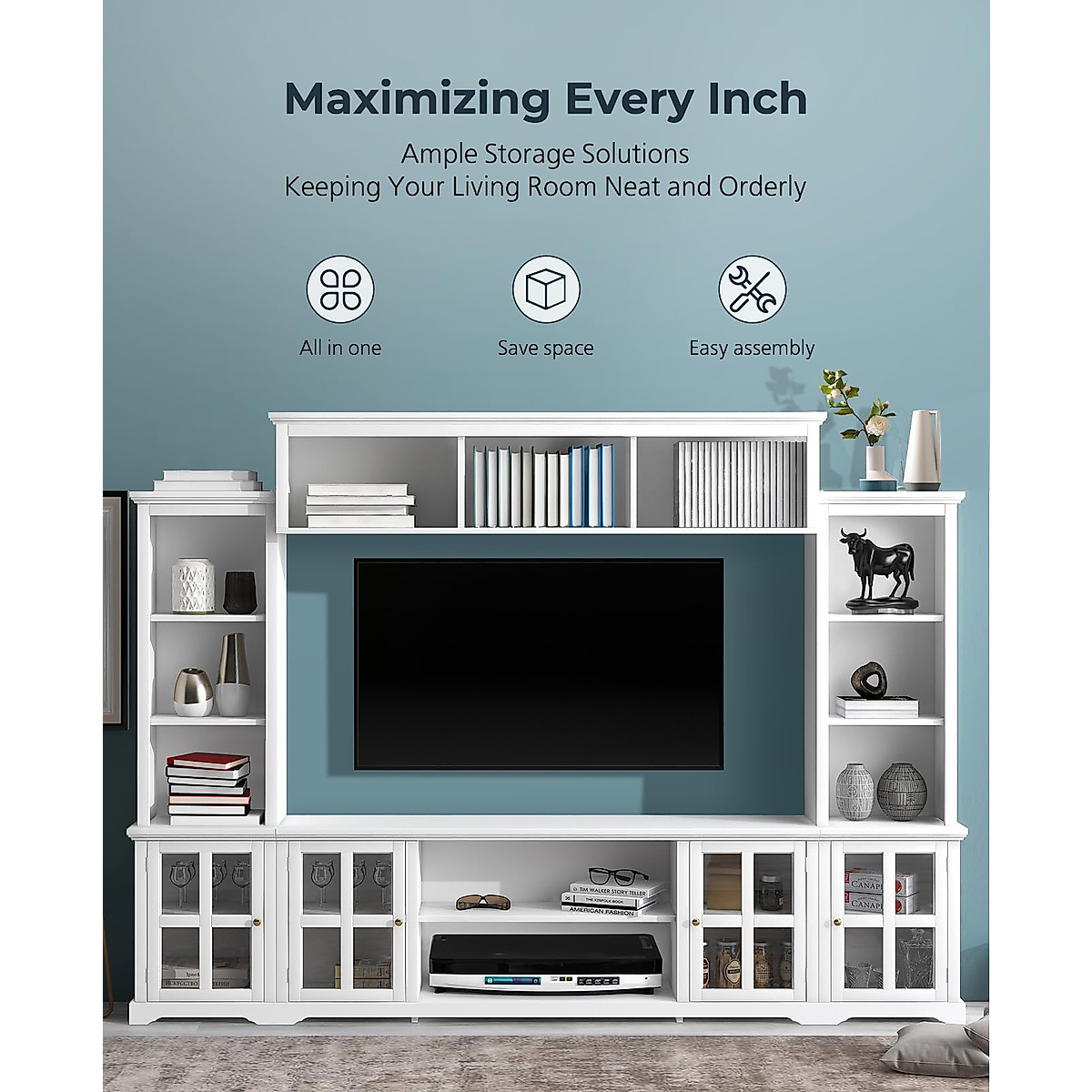 Tatub Large Entertainment Center with Bookshelves and TV Cabinet, Modern TV Console Cabinet, 66.5 Inches Wide for TV Placement, Living Room Entertainment Center with Storage for Up to 70" TVs, White