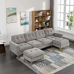 U-Shaped Sectional Sofa w/Reversible Chaise and Movable Ottoman, 110"W 5-Seater Convertible Corner Couch Modern Design Comfy Sofa & Couch with Side Pockets and Nail Head for Home Office Apartment