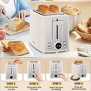 SEEDEEM Toaster 2 Slice, Bread Toaster with LCD Display, 7 Shade Settings, 1.４'' Extra Wide Slots Toaster with Cancel, Bagel, Defrost, Reheat Functions, Removable Crumb Tray, 900W, Cream White
